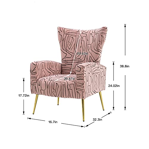 NIOIIKIT Velvet Accent Chair with Metal Gold Legs Upholstered Wingback Armchair Side Lounge Chair Leisure Single Sofa Arm Club Reading Chair for Living Room Bedroom Office (Pink)