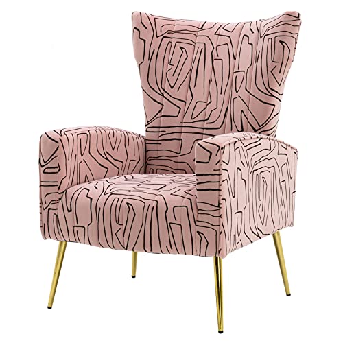 NIOIIKIT Velvet Accent Chair with Metal Gold Legs Upholstered Wingback Armchair Side Lounge Chair Leisure Single Sofa Arm Club Reading Chair for Living Room Bedroom Office (Pink)