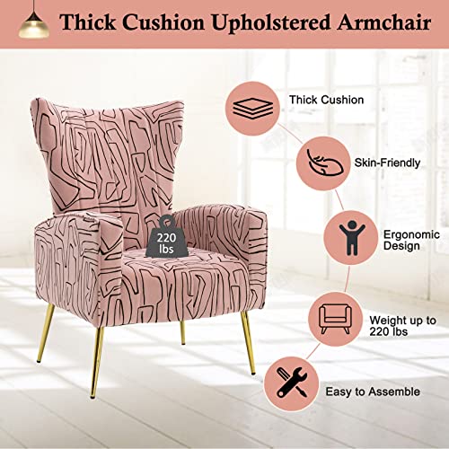 NIOIIKIT Velvet Accent Chair with Metal Gold Legs Upholstered Wingback Armchair Side Lounge Chair Leisure Single Sofa Arm Club Reading Chair for Living Room Bedroom Office (Pink)