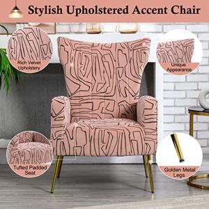 NIOIIKIT Velvet Accent Chair with Metal Gold Legs Upholstered Wingback Armchair Side Lounge Chair Leisure Single Sofa Arm Club Reading Chair for Living Room Bedroom Office (Pink)