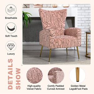 NIOIIKIT Velvet Accent Chair with Metal Gold Legs Upholstered Wingback Armchair Side Lounge Chair Leisure Single Sofa Arm Club Reading Chair for Living Room Bedroom Office (Pink)