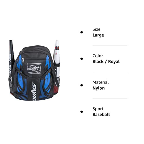 Rawlings Savage Youth Baseball Bag - Kids Bat Bag – Durable Baseball Backpack – Holds Two Bats – Includes Hook to Hang on Fence - Black/Royal