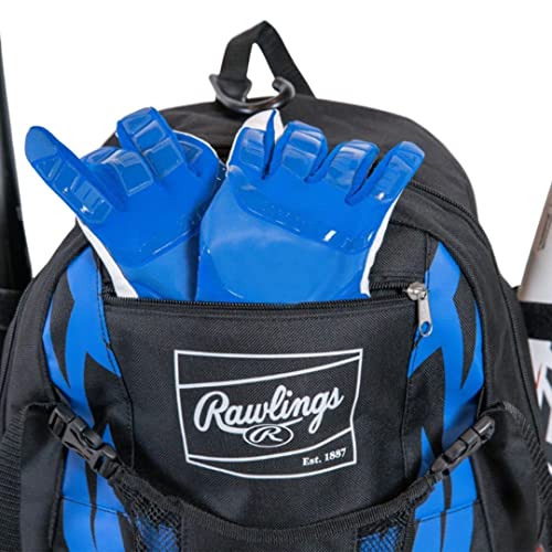 Rawlings Savage Youth Baseball Bag - Kids Bat Bag – Durable Baseball Backpack – Holds Two Bats – Includes Hook to Hang on Fence - Black/Royal