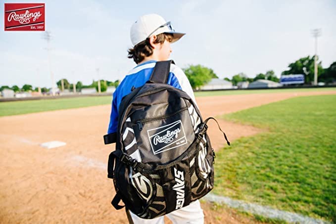 Rawlings Savage Youth Baseball Bag - Kids Bat Bag – Durable Baseball Backpack – Holds Two Bats – Includes Hook to Hang on Fence - Black/Royal