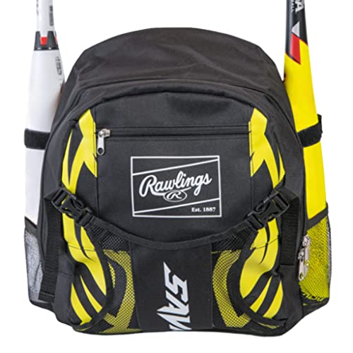 Rawlings Savage Youth Baseball Bag - Kids Bat Bag – Durable Baseball Backpack – Holds Two Bats – Includes Hook to Hang on Fence - Black/Volt