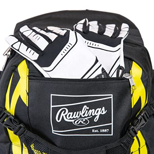 Rawlings Savage Youth Baseball Bag - Kids Bat Bag – Durable Baseball Backpack – Holds Two Bats – Includes Hook to Hang on Fence - Black/Volt