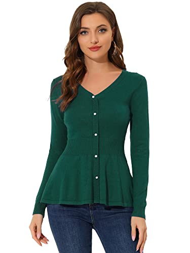 Allegra K Knit Peplum Tops for Women's Ribbed V Neck Long Sleeve Peplum Sweaters Small Dark Green