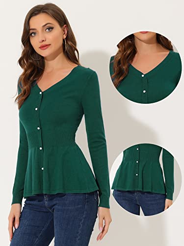 Allegra K Knit Peplum Tops for Women's Ribbed V Neck Long Sleeve Peplum Sweaters Small Dark Green