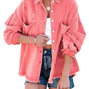 EVALESS Women's Denim Jacket Boyfriend Jean Jackets for Women Fashion 2023 Distressed Shacket Jacket Ripped Frayed Jean Shirts Business Casual Red Top Outfits with Pockets Light Stretchy Shirt,Large