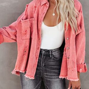 EVALESS Women's Denim Jacket Boyfriend Jean Jackets for Women Fashion 2023 Distressed Shacket Jacket Ripped Frayed Jean Shirts Business Casual Red Top Outfits with Pockets Light Stretchy Shirt,Large