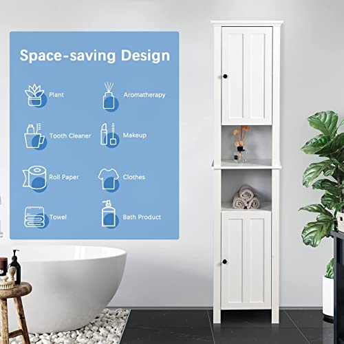 Unovivy Tall Bathroom Storage Cabinet Floor Standing Freestanding Linen Tower with 2 Doors & 6 Shelves, 15.7X 11.8X 66.9 Inches, for Living Room, Kitchen, White