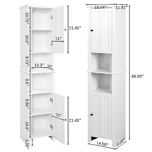 Unovivy Tall Bathroom Storage Cabinet Floor Standing Freestanding Linen Tower with 2 Doors & 6 Shelves, 15.7X 11.8X 66.9 Inches, for Living Room, Kitchen, White