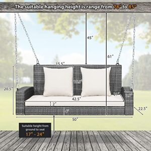 Tangkula 2 Person Wicker Hanging Porch Swing, Patiojoy Outdoor Rattan Swing with Soft Cushions and 2 Rustproof Steel Chains, 800 LBS Patio Swing Bench for Balcony, Garden and Yard (Off White)