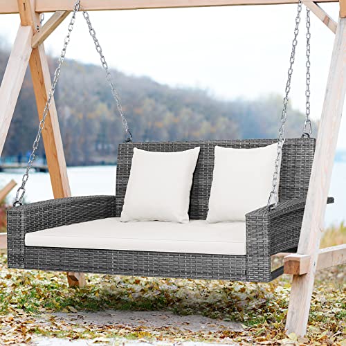 Tangkula 2 Person Wicker Hanging Porch Swing, Patiojoy Outdoor Rattan Swing with Soft Cushions and 2 Rustproof Steel Chains, 800 LBS Patio Swing Bench for Balcony, Garden and Yard (Off White)