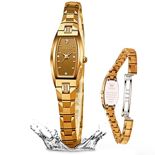 OLEVS Womens Gold Watch Square Small Face Watches for Women Golden Tungsten Steel Elegant Slim Lady Watches Bracelet Waterproof Luxury Diamond Thin Ladies Wrist Watches Relojes De Mujer