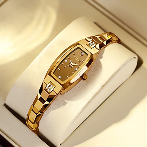 OLEVS Womens Gold Watch Square Small Face Watches for Women Golden Tungsten Steel Elegant Slim Lady Watches Bracelet Waterproof Luxury Diamond Thin Ladies Wrist Watches Relojes De Mujer