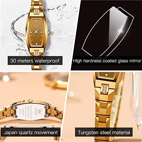 OLEVS Womens Gold Watch Square Small Face Watches for Women Golden Tungsten Steel Elegant Slim Lady Watches Bracelet Waterproof Luxury Diamond Thin Ladies Wrist Watches Relojes De Mujer