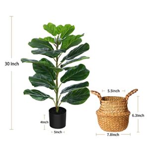 MOSADE Artificial Fiddle Leaf Fig Tree 30" Fake Potted Ficus Lyrata Plant with Handmade Seagrass Basket, Perfect Faux Plants Home Décor for Indoor Outdoor Office Porch Balcony Bedroom Bathroom Gift