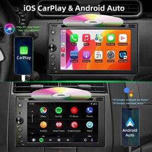 Double Din Car Stereo with CD/DVD Player Apple Carplay & Android Auto, 7 Inch Car Radio with Bluetooth and Backup Camera, Touch Screen, Mirror Link, Steering Wheel Control, USB/TF/AUX Input, AM/FM