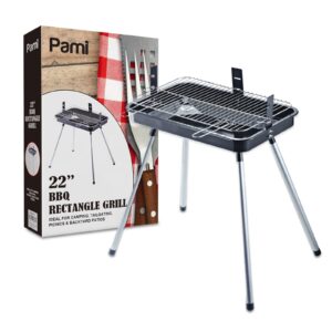 pami portable bbq charcoal standing grill - 22” rectangle medium grill for courtyard, backyard patio, camping, tailgating & picnics- lightweight metal outdoor cooking grill for steaks, veggies & more