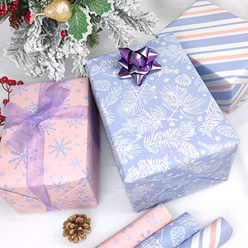 LDGOOAEL Mini Short Small Christmas Wrapping Paper Roll with Cut Lines on Reverse (17" X 120" Per Roll) - Pink Snowflakes & Purple Pine for Holiday, Birthday, Wedding, Baby Shower