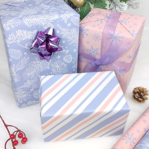 LDGOOAEL Mini Short Small Christmas Wrapping Paper Roll with Cut Lines on Reverse (17" X 120" Per Roll) - Pink Snowflakes & Purple Pine for Holiday, Birthday, Wedding, Baby Shower