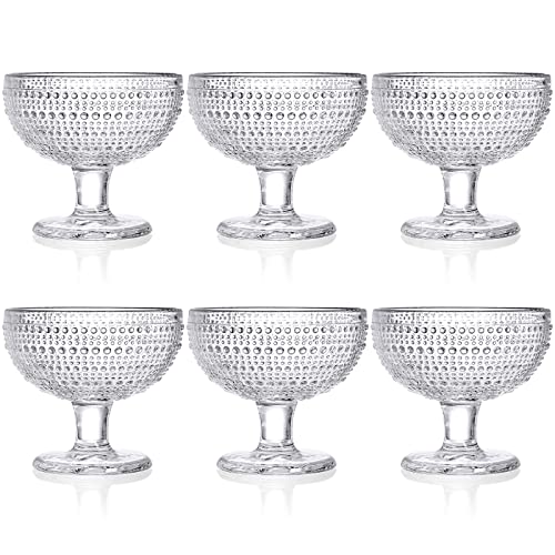 ZOOFOX 6 Pack Glass Ice Cream Bowl Set, 12 oz Footed Fruit Parfait Cups, Embossed Design Glass Dessert Bowls for Sundae, Ice Cream, Smoothie, Fruit, Salad, Yogurt, Cocktail, Snack