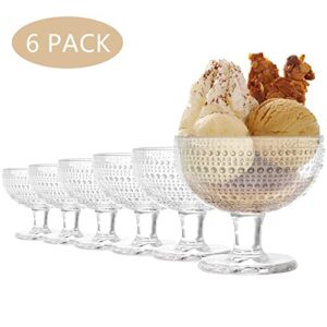 ZOOFOX 6 Pack Glass Ice Cream Bowl Set, 12 oz Footed Fruit Parfait Cups, Embossed Design Glass Dessert Bowls for Sundae, Ice Cream, Smoothie, Fruit, Salad, Yogurt, Cocktail, Snack