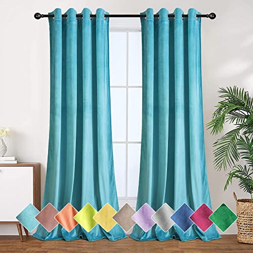 Tony's collection Turquoise Velvet Curtains Curtains, Super Soft Velvet Textured Thermal Velvet Curtains Grommet Window Treatment for Bedroom Light Blocking Curtain(34x63 Inch, Turquoise, 2 Panels)