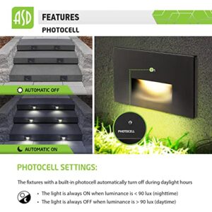 ASD LED Step Light Fixture | Recessed Stair Wall Lighting | 3W 120V 115LM 3000K/4000K/5000K Switch 50000+ Hour Lifespan | Dusk to Dawn Photocell, Outdoor Use, Waterproof, ETL | Black