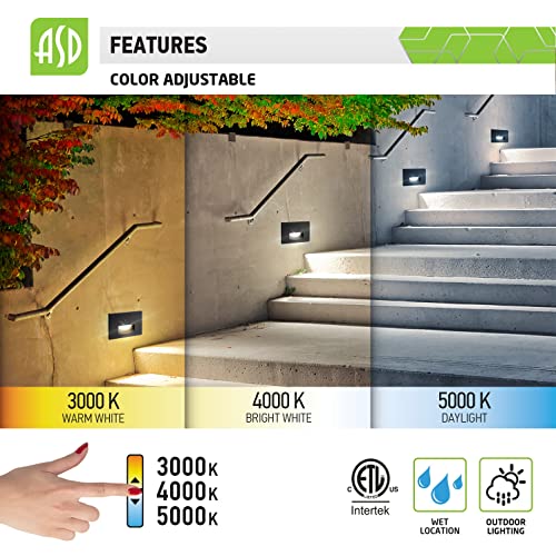 ASD LED Step Light Fixture | Recessed Stair Wall Lighting | 3W 120V 115LM 3000K/4000K/5000K Switch 50000+ Hour Lifespan | Dusk to Dawn Photocell, Outdoor Use, Waterproof, ETL | Black