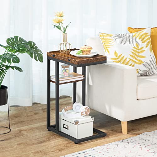 HOOBRO Foldable End Table, C Shaped Side Table with Storage Shelf, Small Snack Table Suitable for Living Room Bedroom Small Spaces, Easy Assembly, Rustic Brown BF29SF01