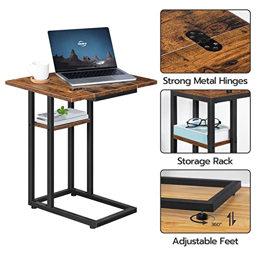 HOOBRO Foldable End Table, C Shaped Side Table with Storage Shelf, Small Snack Table Suitable for Living Room Bedroom Small Spaces, Easy Assembly, Rustic Brown BF29SF01