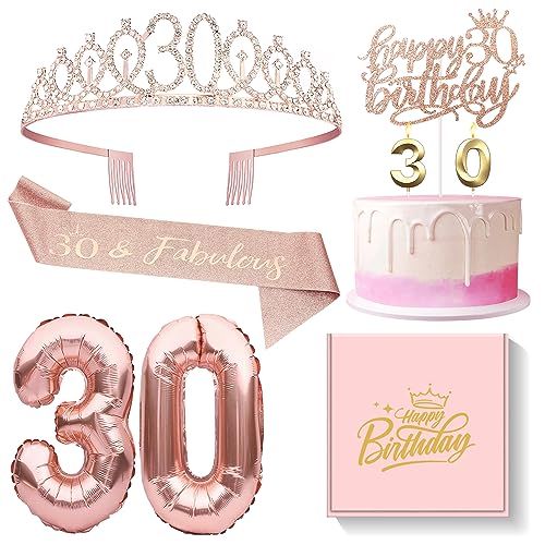 30th Birthday Gifts Decorations for Her - 30 Birthday Cake Topper, Balloons, Queen Sash, Crown and Candle Set, Rose Gold