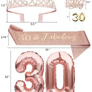 30th Birthday Gifts Decorations for Her - 30 Birthday Cake Topper, Balloons, Queen Sash, Crown and Candle Set, Rose Gold