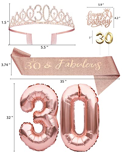 30th Birthday Gifts Decorations for Her - 30 Birthday Cake Topper, Balloons, Queen Sash, Crown and Candle Set, Rose Gold