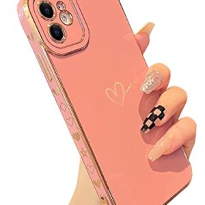 Skyseaco Compatible with iPhone 12 Case, Cute Luxury Plating Heart Case for Women Girls, Soft TPU Full Camera Shockproof Protective Case for iPhone 12 6.1 inch.(Pink)