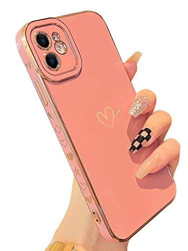 Skyseaco Compatible with iPhone 12 Case, Cute Luxury Plating Heart Case for Women Girls, Soft TPU Full Camera Shockproof Protective Case for iPhone 12 6.1 inch.(Pink)