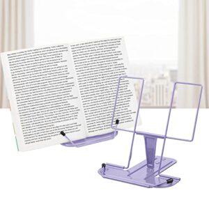 msdada 2pc metal book stand for desk, adjustable reading rest book holder, portable cookbook documents holder, sturdy typing stand for recipes textbooks tablet music books with page clips (purple)