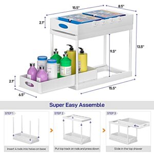 Aojia Under Sink Organizer with 2 Sliding Drawers, Bathroom Organizer Under Cabinet, Pull-out Under Sink Storage，Under Cabinet Storage for Kitchen and Bathroom