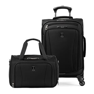 travelpro runway 2-piece luggage set, carry on softside expandable 4-wheel spinner suitcase & carry on underseat luggage soft tote bag, men and women, black