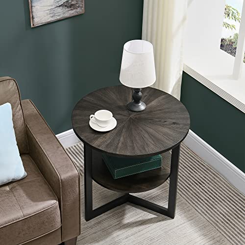 MODERION Large Round End Table with Storage Shelf, Rustic Circular Sofa Side Black Metal Legs, Solid Wood Nightstand, Telephone for Living Room, Bedroom, 25.2''D x 24''H Brushed CJZ1338BK