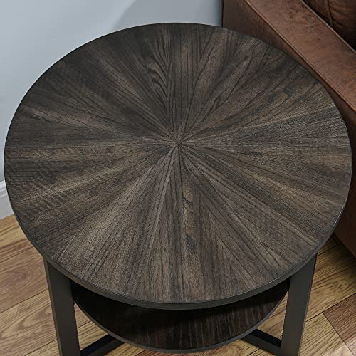 MODERION Large Round End Table with Storage Shelf, Rustic Circular Sofa Side Black Metal Legs, Solid Wood Nightstand, Telephone for Living Room, Bedroom, 25.2''D x 24''H Brushed CJZ1338BK