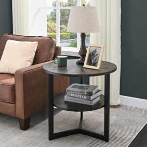 MODERION Large Round End Table with Storage Shelf, Rustic Circular Sofa Side Black Metal Legs, Solid Wood Nightstand, Telephone for Living Room, Bedroom, 25.2''D x 24''H Brushed CJZ1338BK