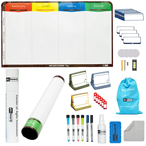 pmxboard Magnetic Kanban Board and Magnetic Scrum Board Flexible 4 Column Board Full Kit, Agile Management Board Set, 64 Magnetic Kanban Cards and Scrum Cards Set, Scrum Whiteboard and Card Markers