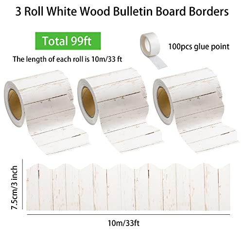 99 Feet White Wood Bulletin Board Border 3 Roll Rustic Wood Scalloped Borders Trim Decorative Classroom Bulletin Board Rolled Trim Back to School Decoration for Fall Classroom School Office Decoration