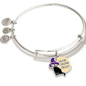 Alex and Ani Collections Expandable Bangle for Women, You’re Creepin’ Meowt Charm, Shiny Silver Finish, 2 to 3.5 in