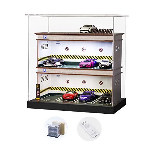 SIKIVOT Double Deck Hot Wheels Display Case ,1/64 Scale Parking Lot Model Car,Die-cast Car Garage Display Case,12 Parking Space with LED Light and Acrylic Cover Hot Wheels Parking Garag