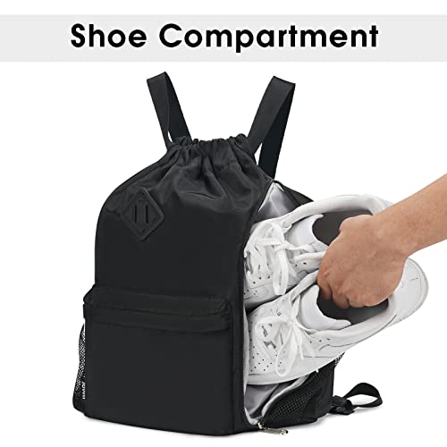 WANDF Drawstring Backpack Sports Gym Bag with Shoes Compartment, Water-Resistant String Backpack Cinch for Women Men (Large,Black)