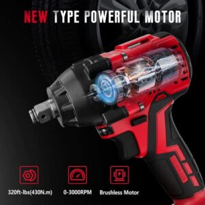 SEYVUM Impact Wrench,1/2" Impact Gun, Power Impact Driver Max Torque 320 Ft-lbs (430N.m), Cordless Impact Wrench with 20V Brushless Motor, 3.0Ah Li-ion Battery with Fast Charger, 4 Pcs Impact Sockets